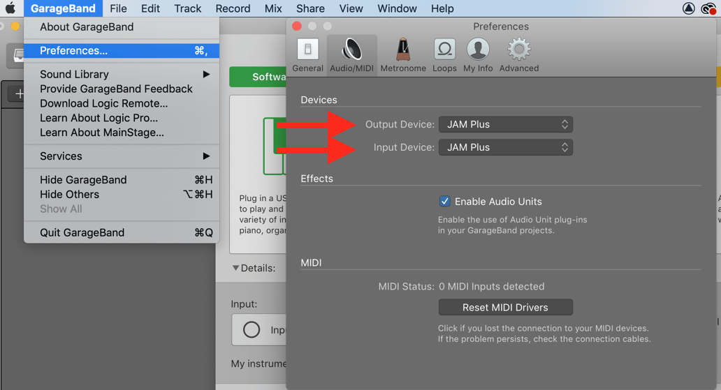Setting up Jam Plus in GarageBand