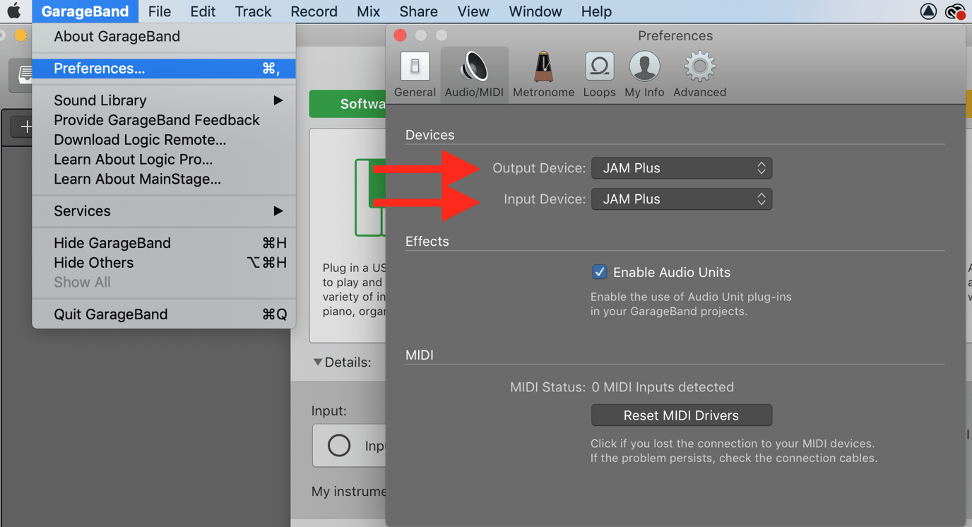 Setting up Jam Plus in GarageBand